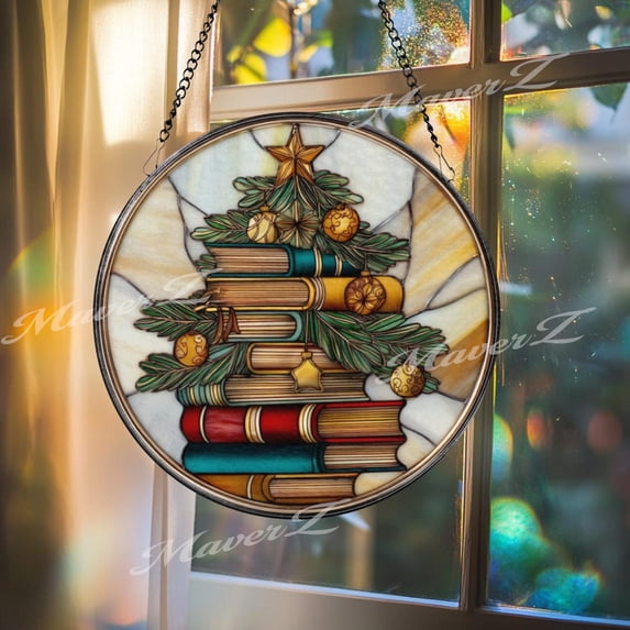 BLESSING DECOR Christmas Book Tree Glass Suncatcher, Festive Holiday ...