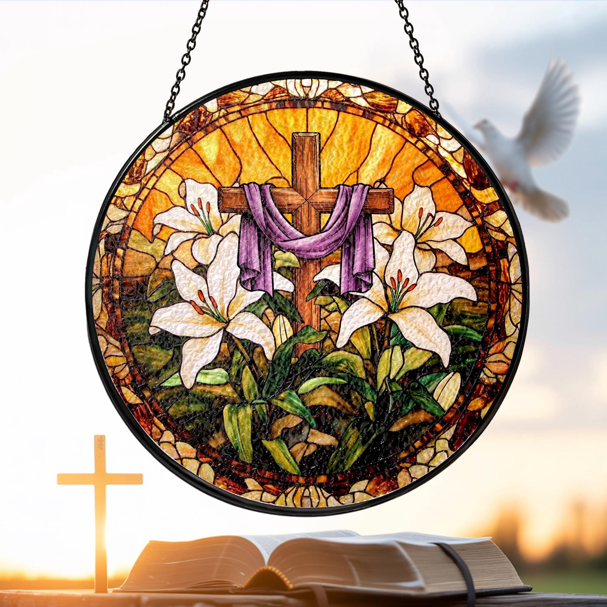 BLESSING DECOR Christmas Cross Glass Suncatcher, Christian Suncatcher ...