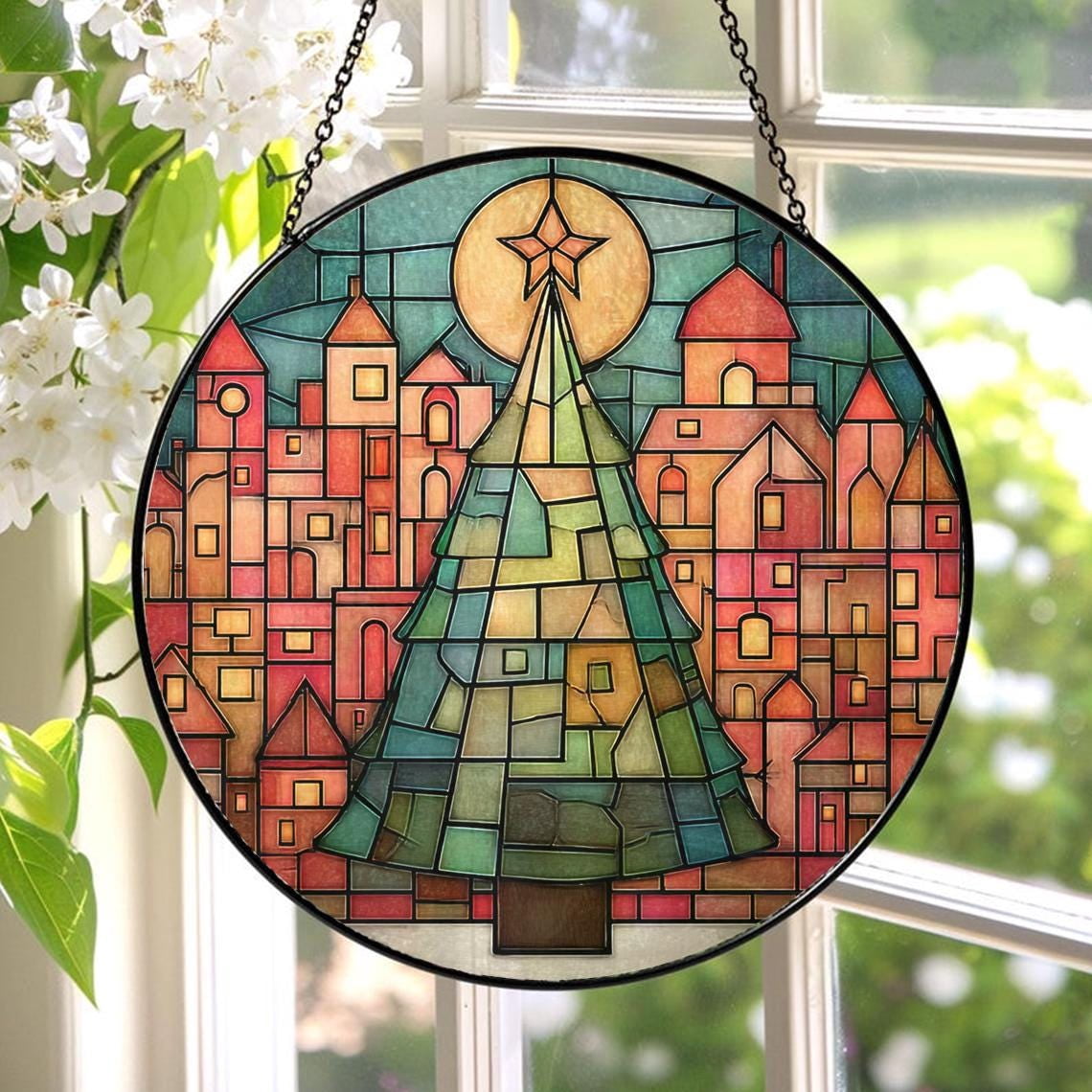 BLESSING DECOR Christmas Tree Glass Suncatcher , Festive Holiday Window ...
