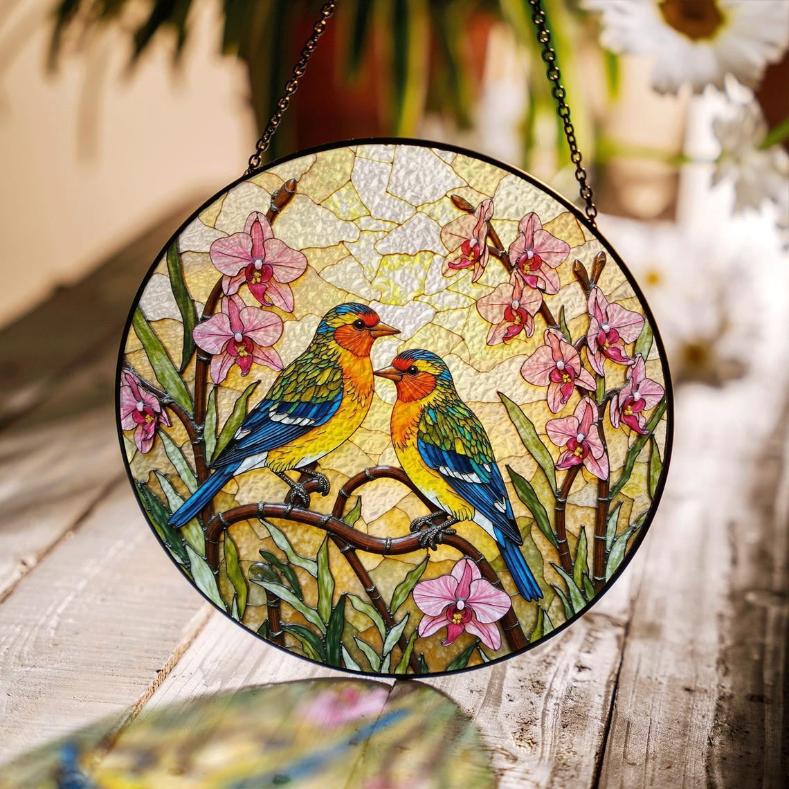 BLESSING DECOR Colorful Birds on Branch Glass Suncatcher, Floral Window ...