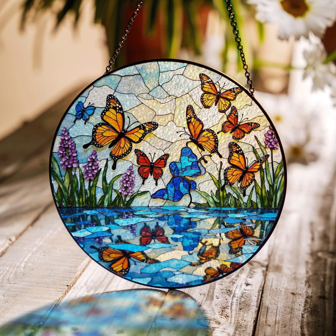 BLESSING DECOR Colorful Butterflies over Lake Glass Suncatcher, Nature ...