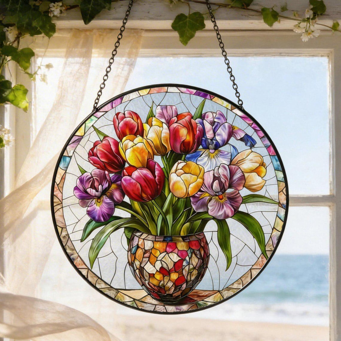 BLESSING DECOR Colorful Tulip Bouquet Glass Style Suncatcher, Floral ...