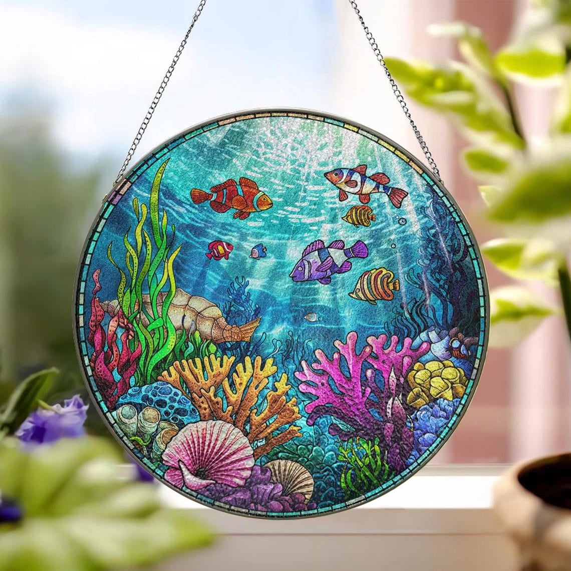 BLESSING DECOR Coral Reef Glass Suncatcher v3, Ocean Marine Life Decor ...