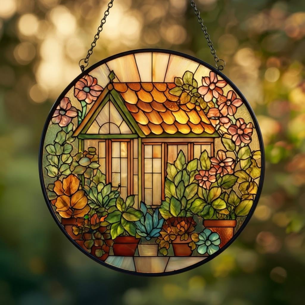 BLESSING DECOR Cottage Garden Stained Glass Suncatcher, House Window ...