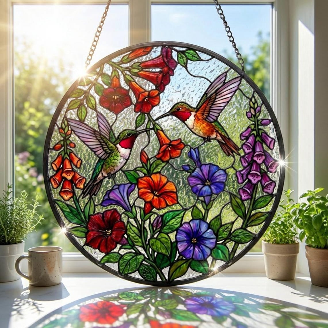 BLESSING DECOR Couple Hummingbird Glass Suncatcher, Bird Window Art ...