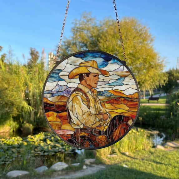 BLESSING DECOR Cowboy Glass Suncatcher, Western Wall Decor Art ...