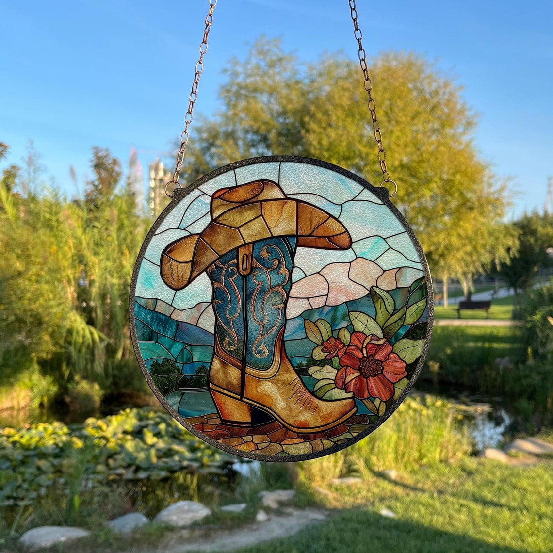 BLESSING DECOR Cowgirl Boots and Hat Glass Suncatcher, Southwestern ...