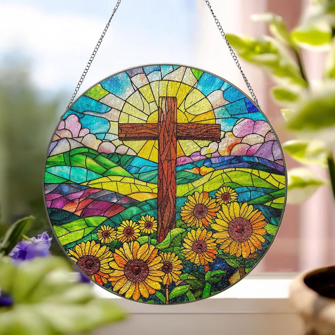 BLESSING DECOR Cross Sunflower Glass Suncatcher, Christian Window ...