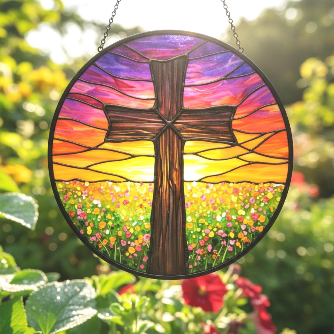 BLESSING DECOR Cross and Wildflower Meadow Glass Suncatcher, Sunset ...
