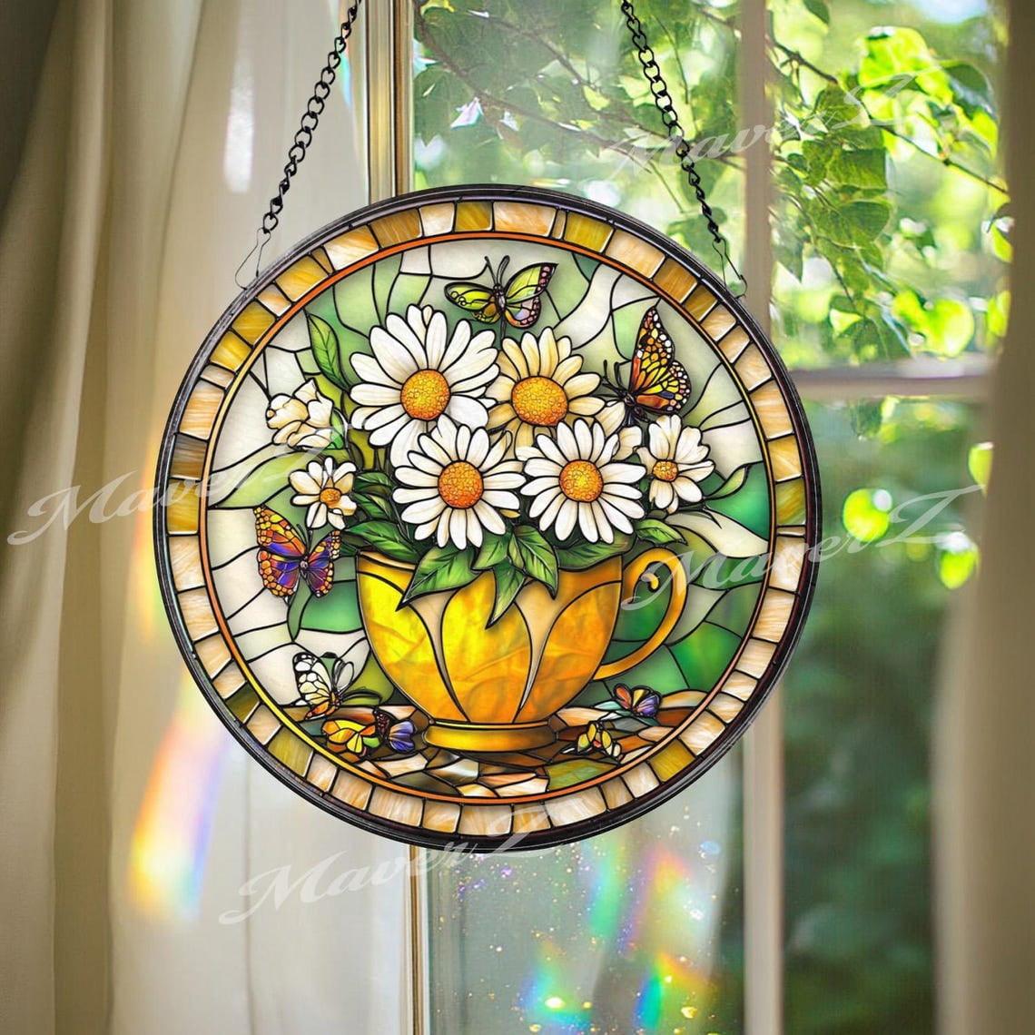 BLESSING DECOR Daisy Glass Suncatcher, Teacup and Butterflies ...