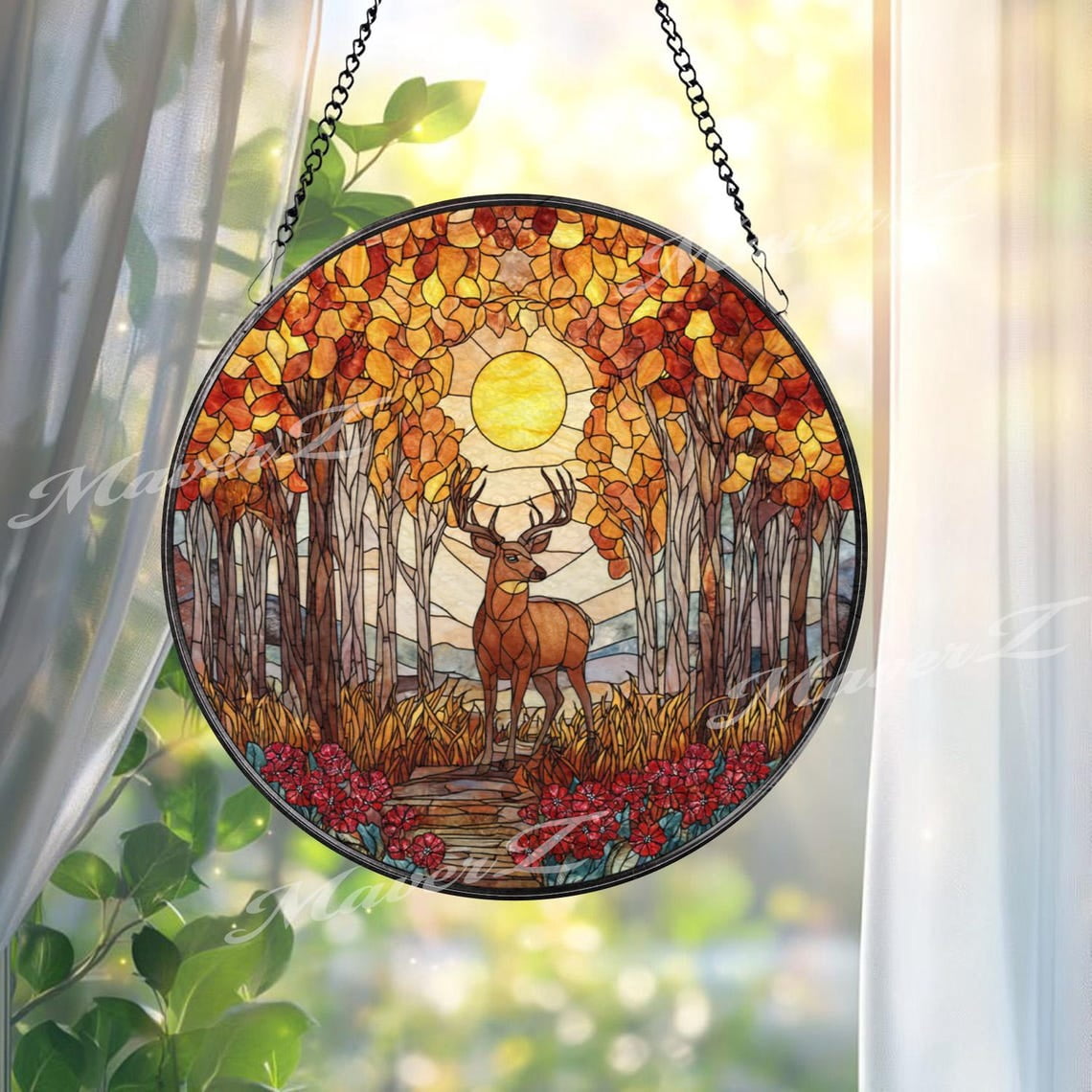 BLESSING DECOR Deer Glass Suncatcher, Autumn Forest Window Art ...