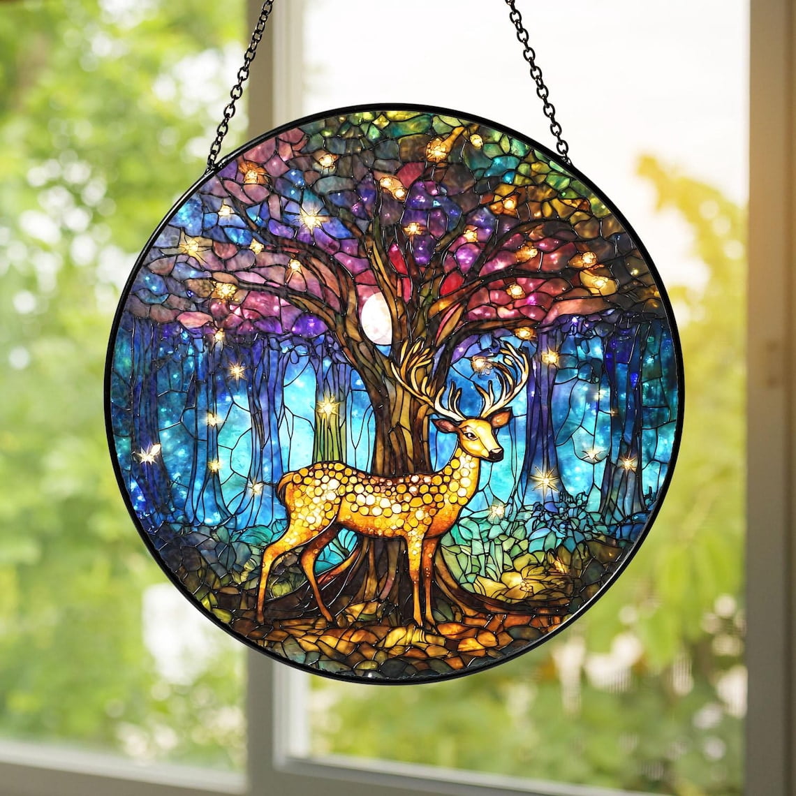 BLESSING DECOR Deer Glass Suncatcher, Enchanted Forest Window Hanging 7 ...
