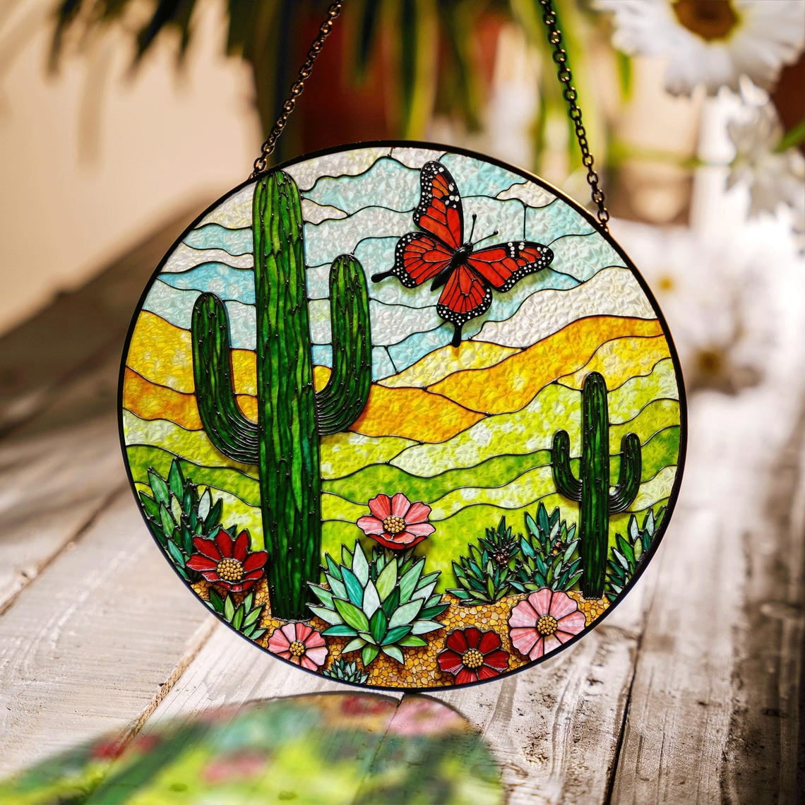 BLESSING DECOR Desert Cactus Butterfly Glass Suncatcher, Succulents ...