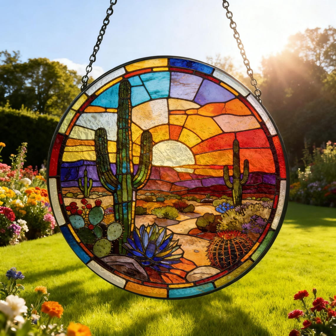 BLESSING DECOR Desert Cactus Succulent Suncatcher Glass, Plant Window ...