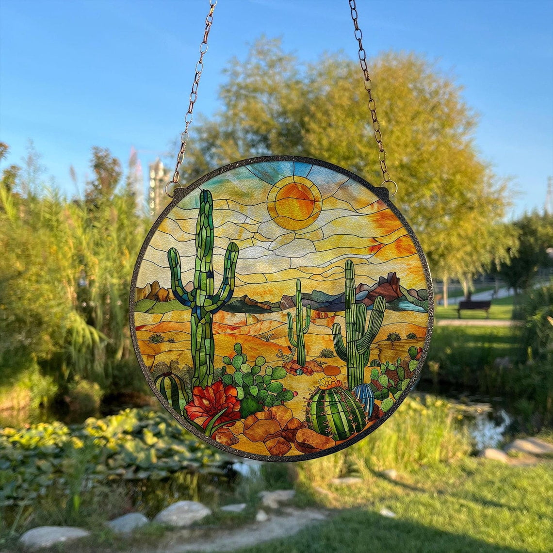 BLESSING DECOR Desert and Cactus Glass Suncatcher v10, Southwestern ...