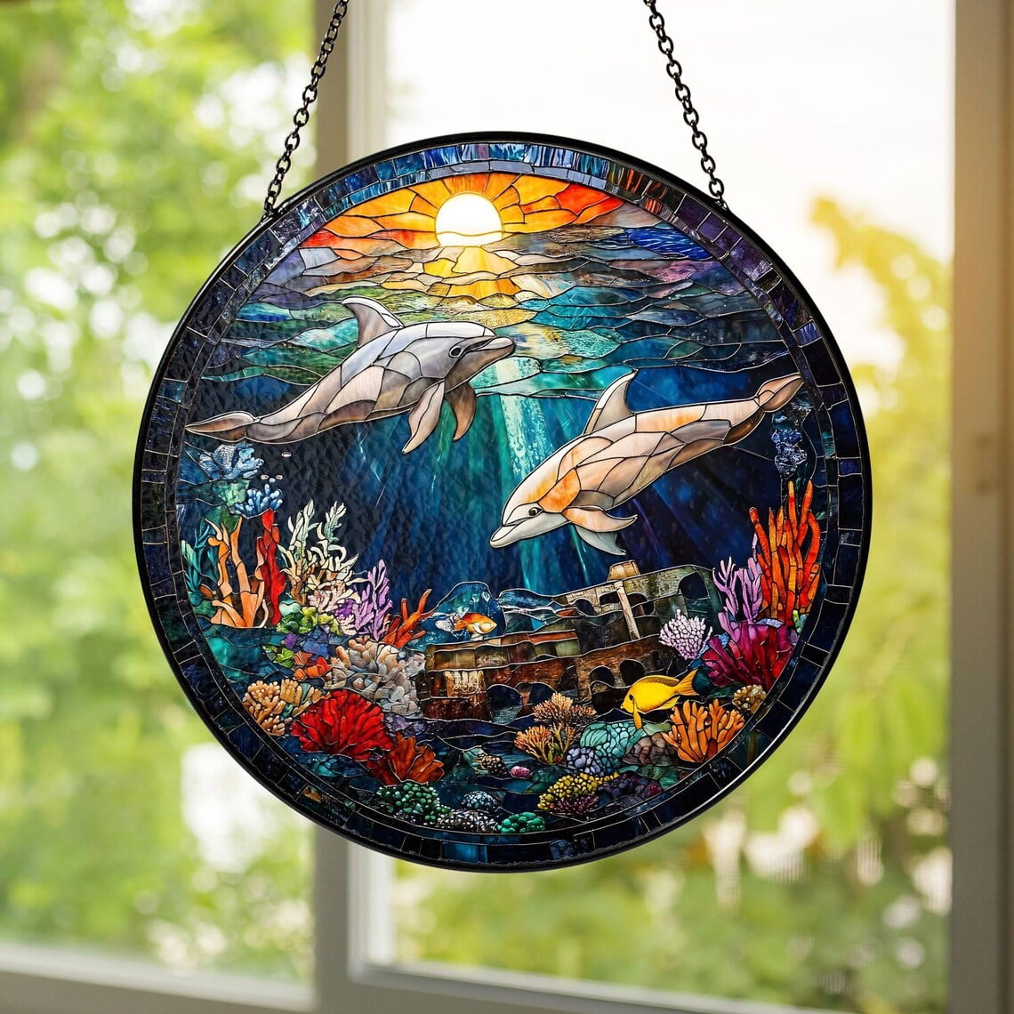 BLESSING DECOR Dolphin Glass Suncatcher, Ocean Coral Reef Window ...