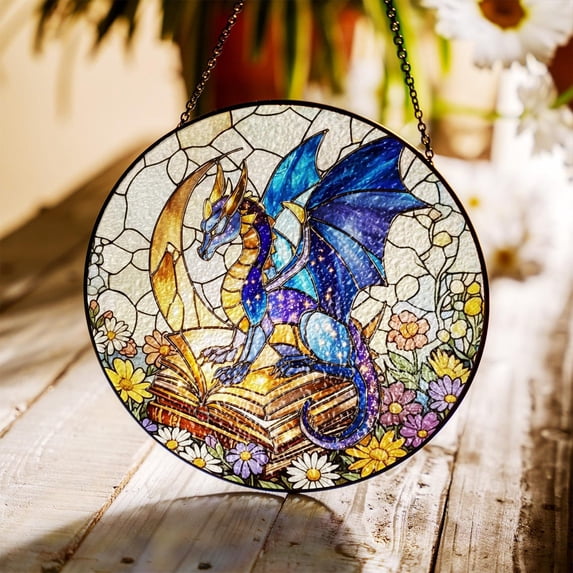 BLESSING DECOR Dragon on Books Glass Suncatcher, Rainbow Wings Window ...