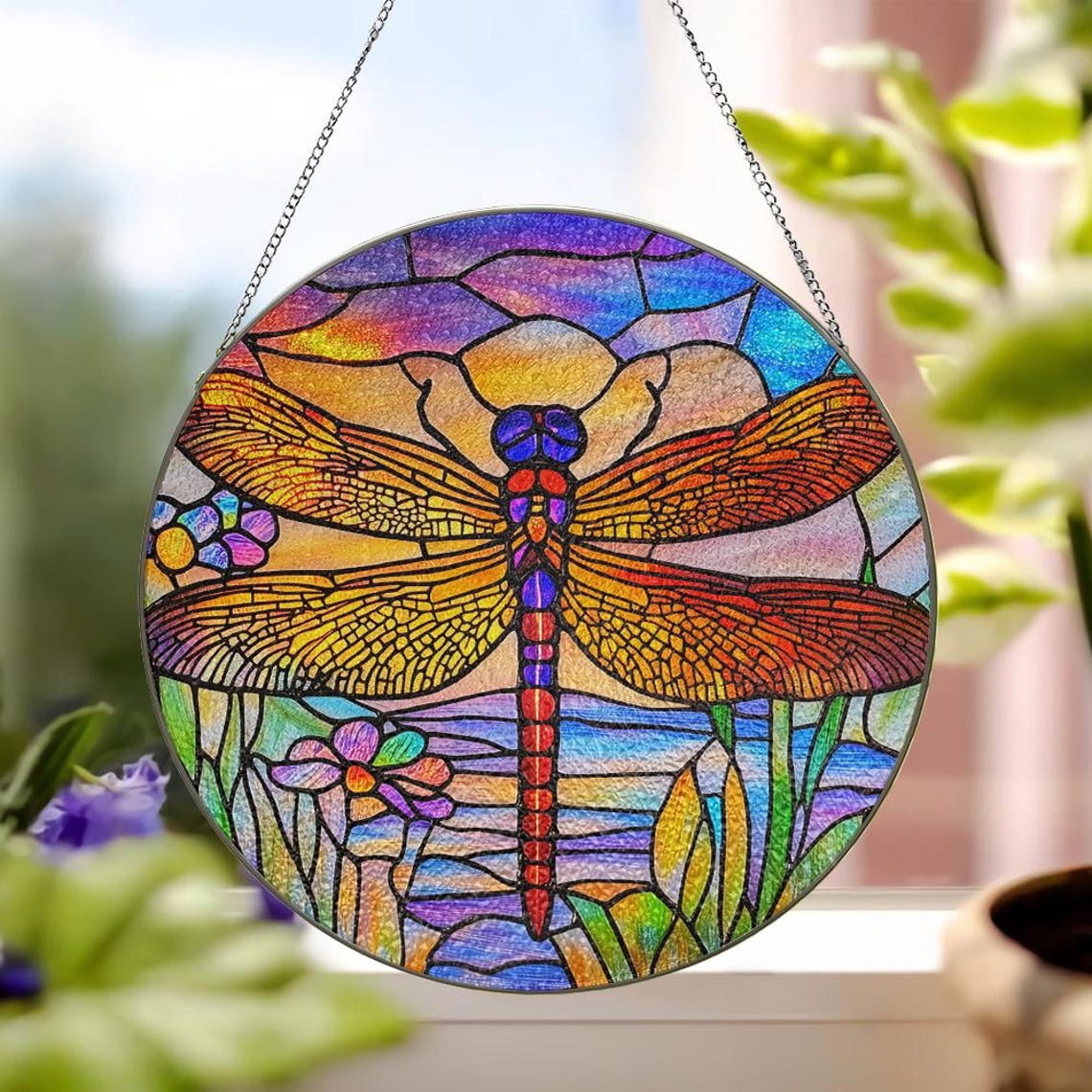 BLESSING DECOR Dragonfly Glass Suncatcher, Dragonfly Window Hanging ...