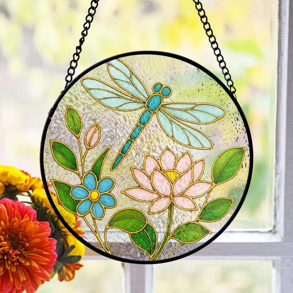 BLESSING DECOR Dragonfly Stained Glass Suncatcher, Nature Floral Window ...