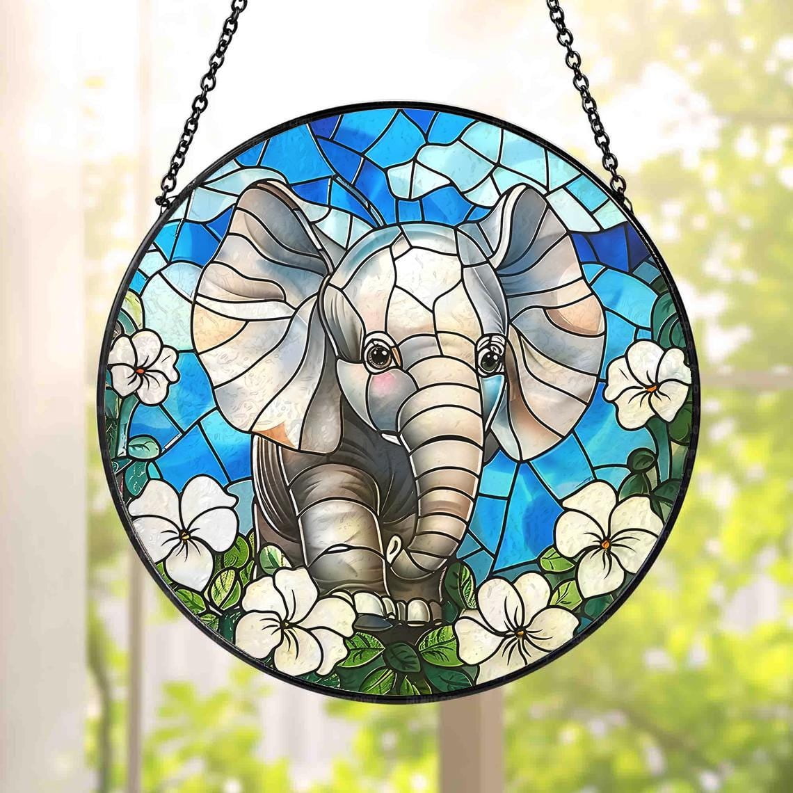 BLESSING DECOR Elephant Glass Suncatcher v5, Wildlife Nature Window ...
