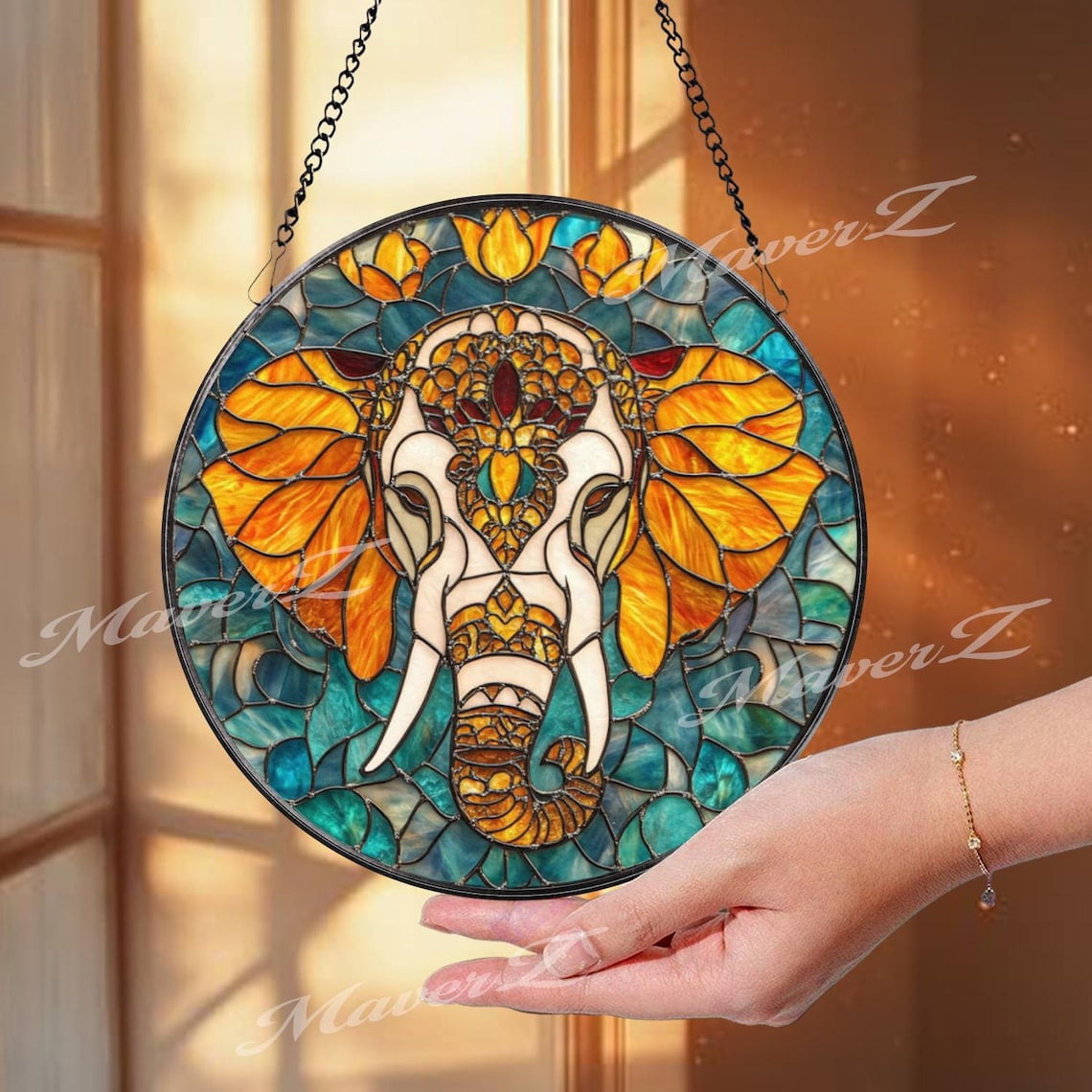 BLESSING DECOR Elephant Suncatcher, Mandala Glass Art, Boho Jungle ...