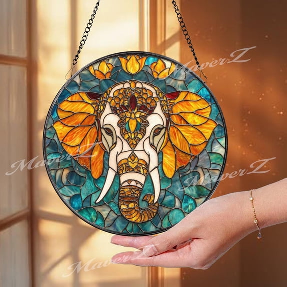 BLESSING DECOR Elephant Suncatcher, Mandala Glass Art, Boho Jungle ...