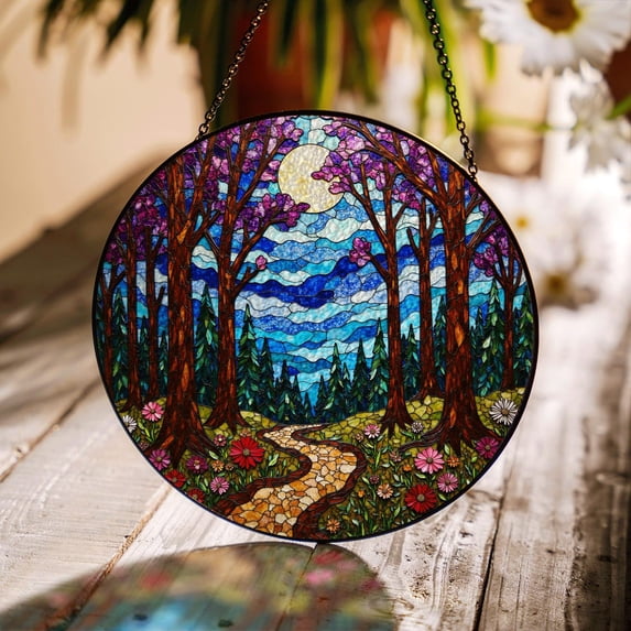 BLESSING DECOR Enchanted Forest Path Glass Suncatcher, Window Decor ...