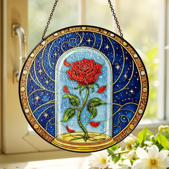 BLESSING DECOR Enchanted Rose Glass Suncatcher, Belle Rose Window ...