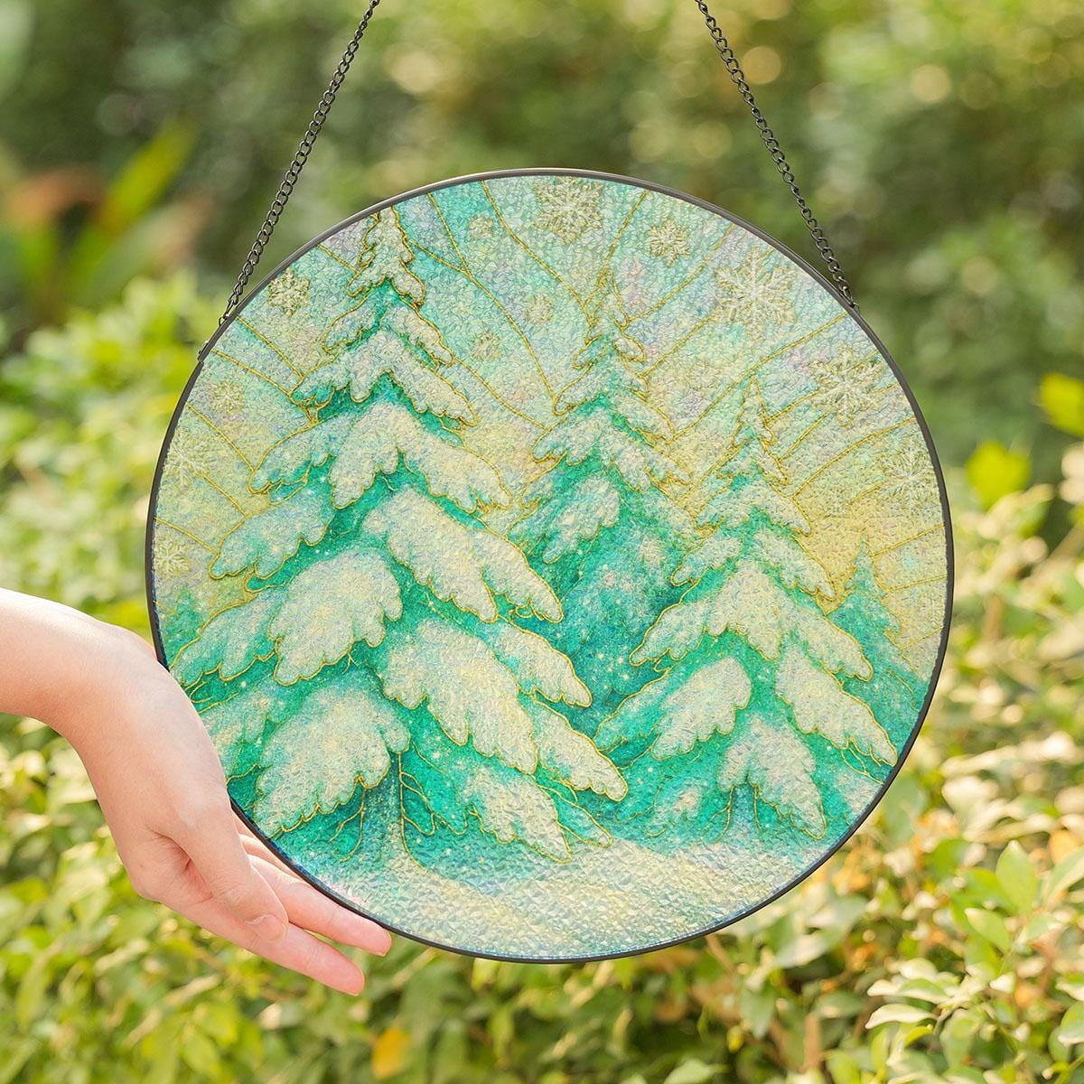BLESSING DECOR Evergreen Forest Suncatcher - Snowy Pine Tree Window Art ...