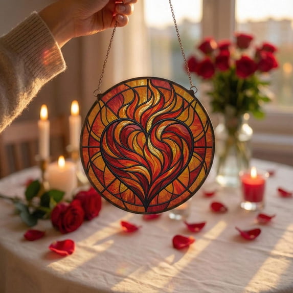 BLESSING DECOR Flaming Passion Heart Glass Suncatcher, Romantic Window ...