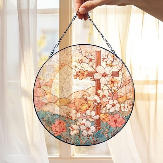 BLESSING DECOR Floral Cross Glass Suncatcher v5, Christian Spring ...