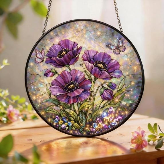 BLESSING DECOR Floral Stained Glass Window Hanging, Purple Bloom Round ...