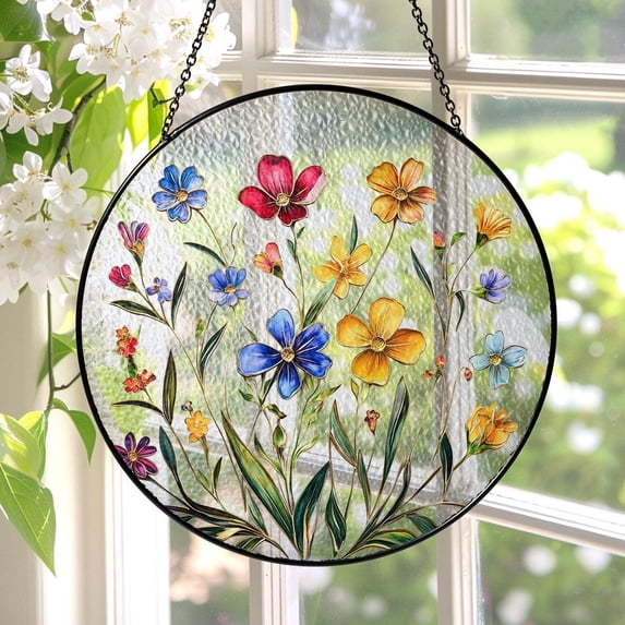 BLESSING DECOR Floral Wildflower Glass Suncatcher, Colorful Meadow ...