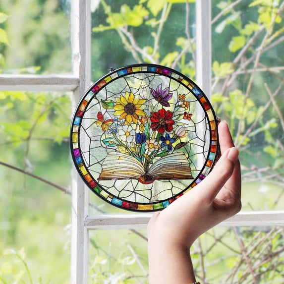 BLESSING DECOR Flower Book Glass Suncatcher, Floral Library Window ...