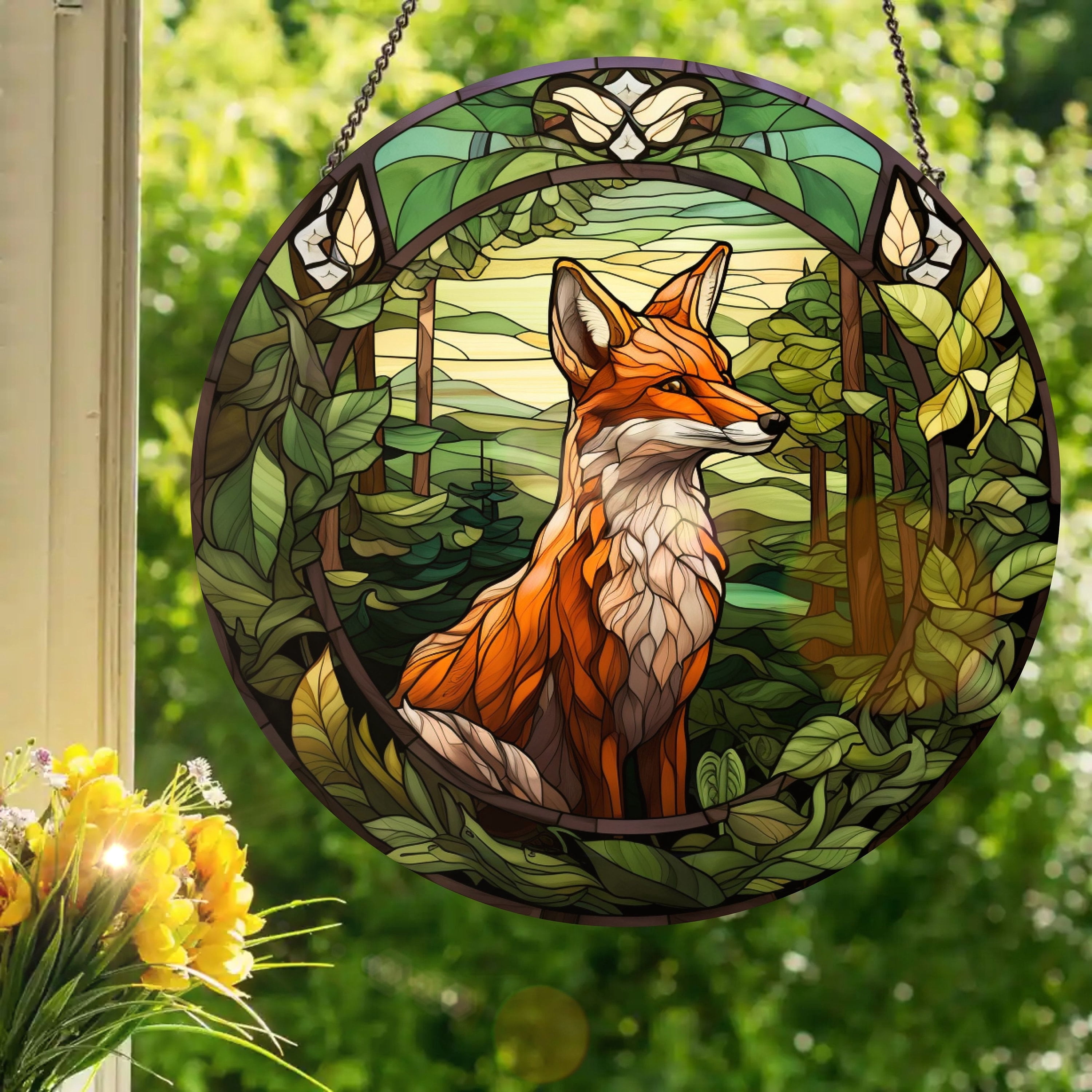 BLESSING DECOR Forest Fox #1: Stained Glass Style Window Hanging 6.3 ...