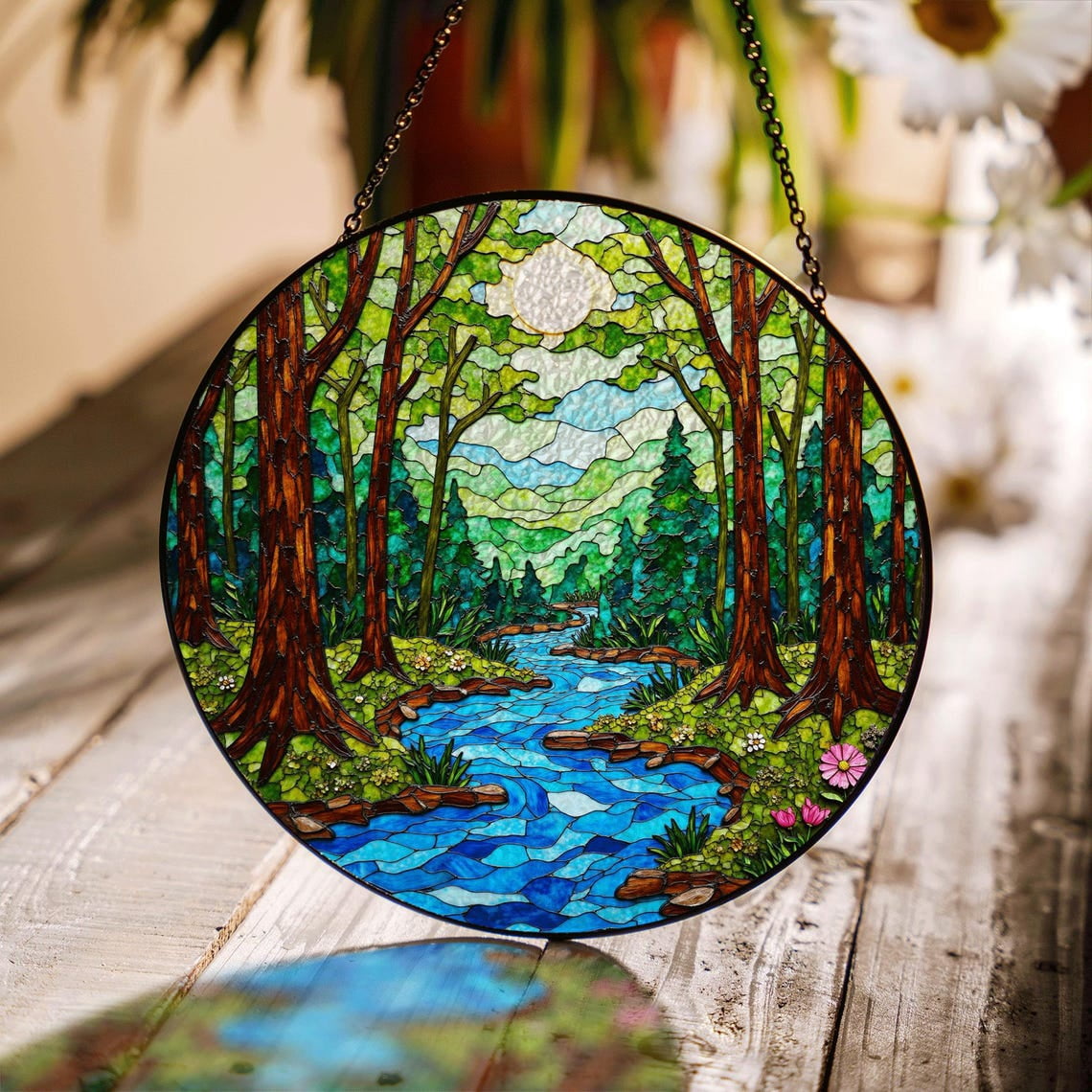 BLESSING DECOR Forest River Art Glass Suncatcher, Round Window Decor ...