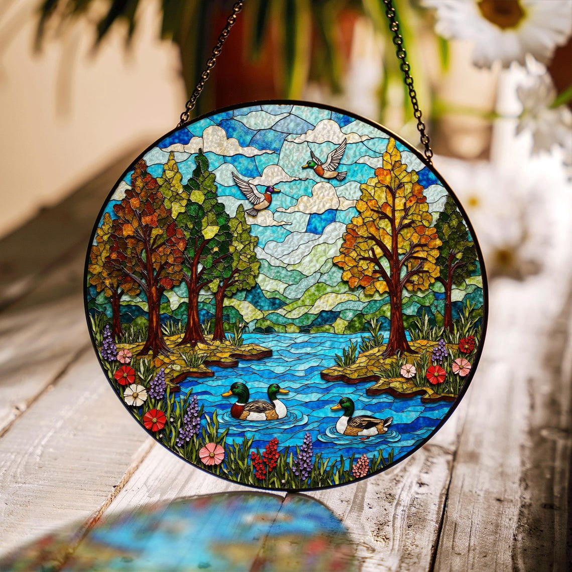 BLESSING DECOR Forest River Ducks Glass Suncatcher, Round Window Decor ...