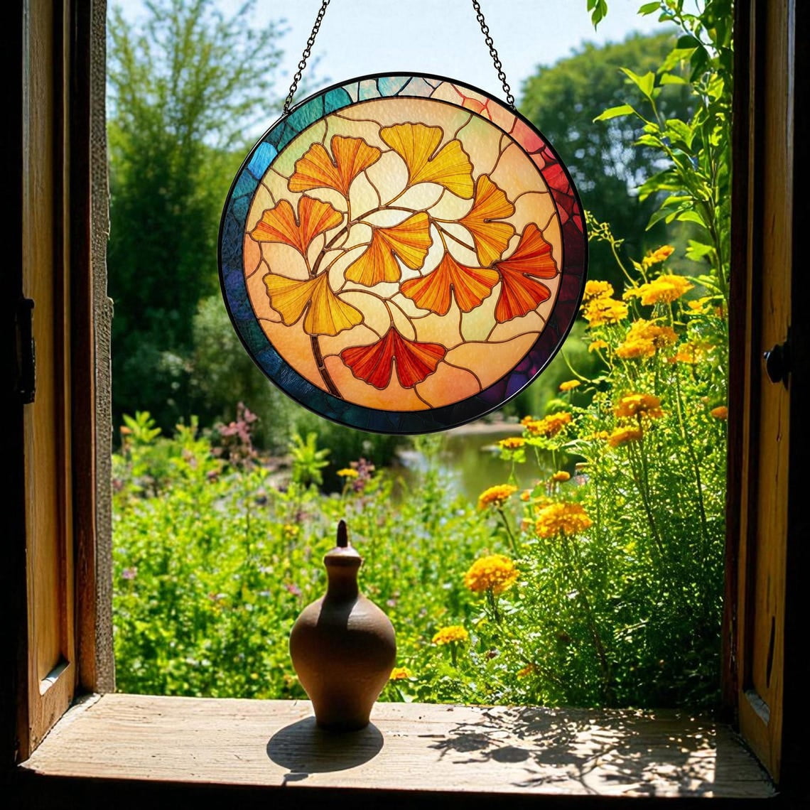 BLESSING DECOR Ginkgo Leaf Glass Suncatcher v5, Boho Nature Window Art ...
