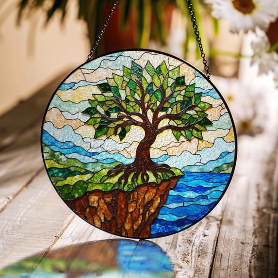 BLESSING DECOR Glass Suncatcher, Tree on Cliff Ocean View, for Mom ...