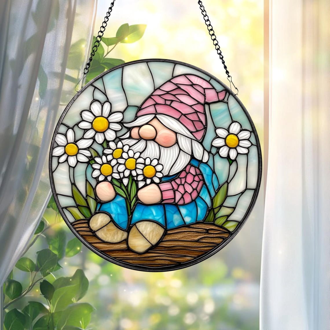 BLESSING DECOR Gnome Glass Suncatcher, Spring Flower Garden Decor 6.3 ...