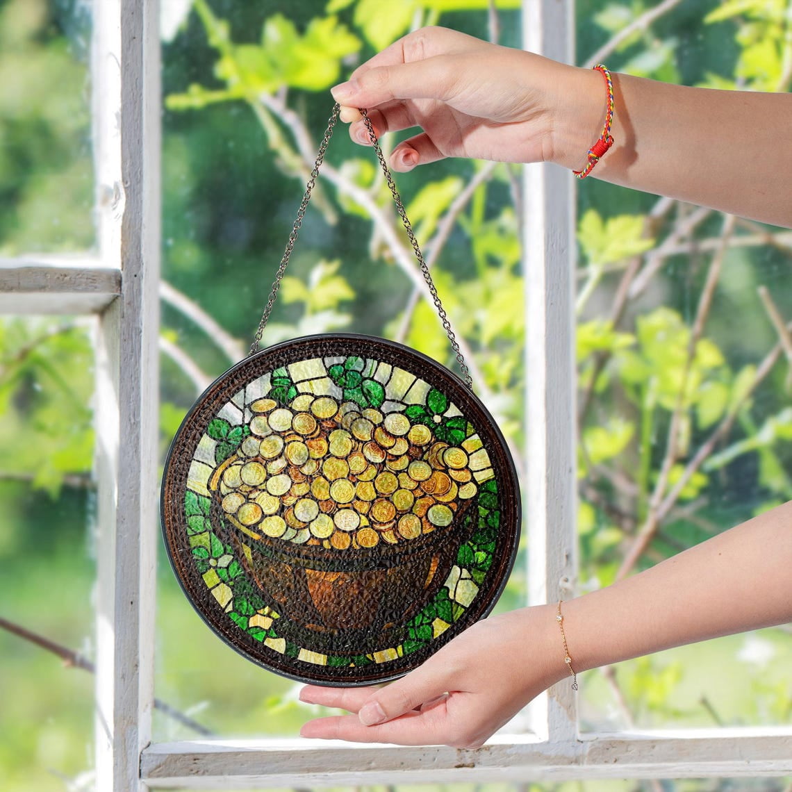 BLESSING DECOR Golden Pot Shamrock Glass Suncatcher, St. Patrick's Day ...