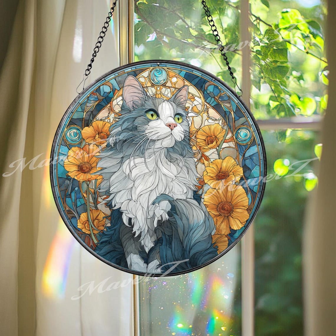 BLESSING DECOR Gray and White Cat Glass Suncatcher, Round Feline Window ...