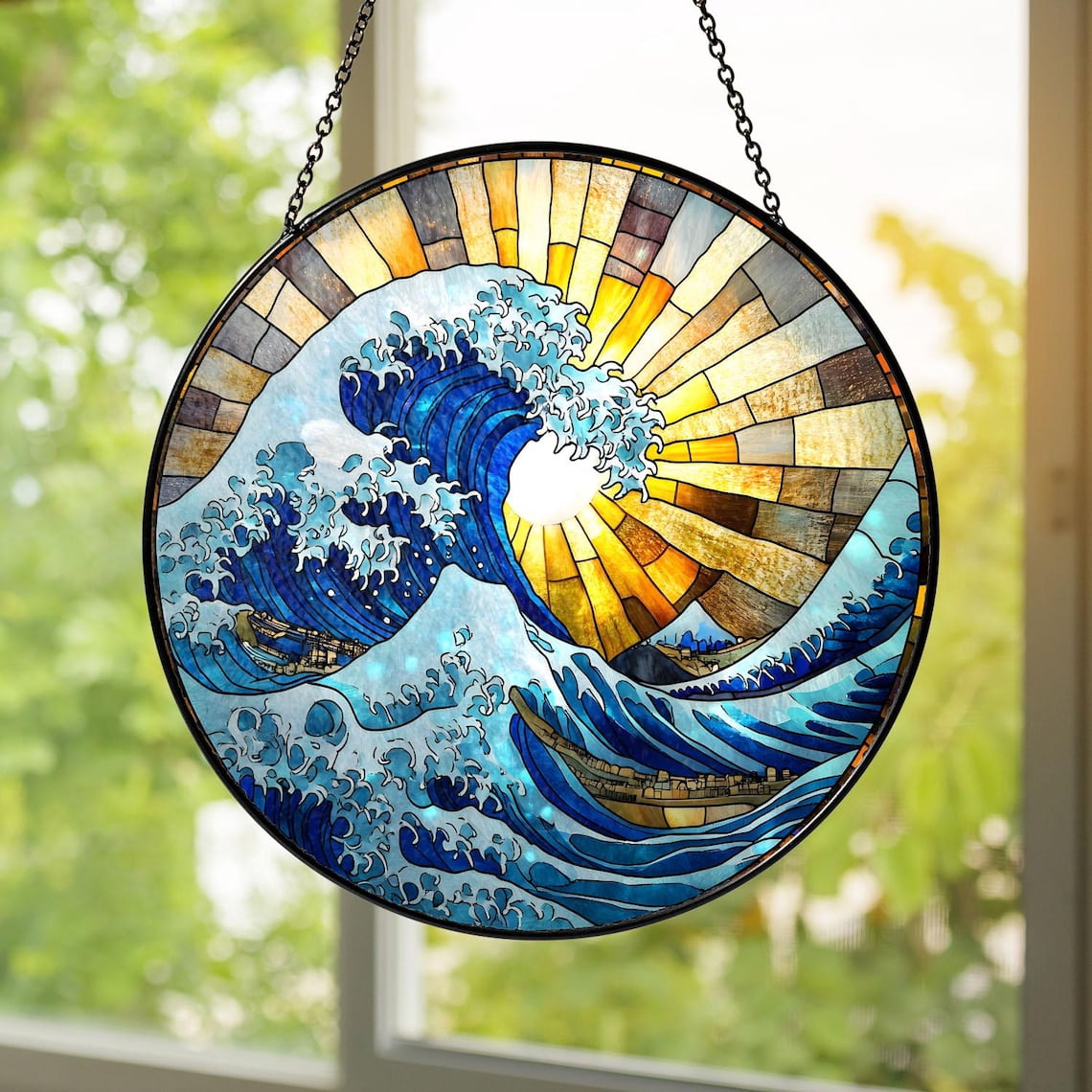 BLESSING DECOR Great Wave Glass Suncatcher, Ocean Wave Window Hanging ...