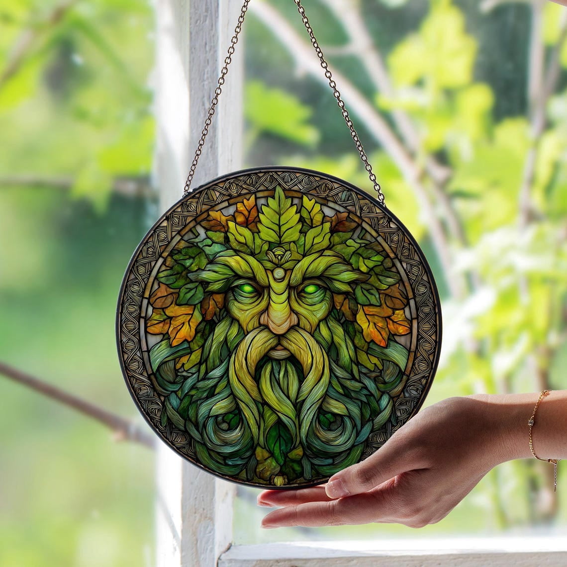 BLESSING DECOR Green Man Glass Suncatcher, Mythical Forest Spirit Pagan ...