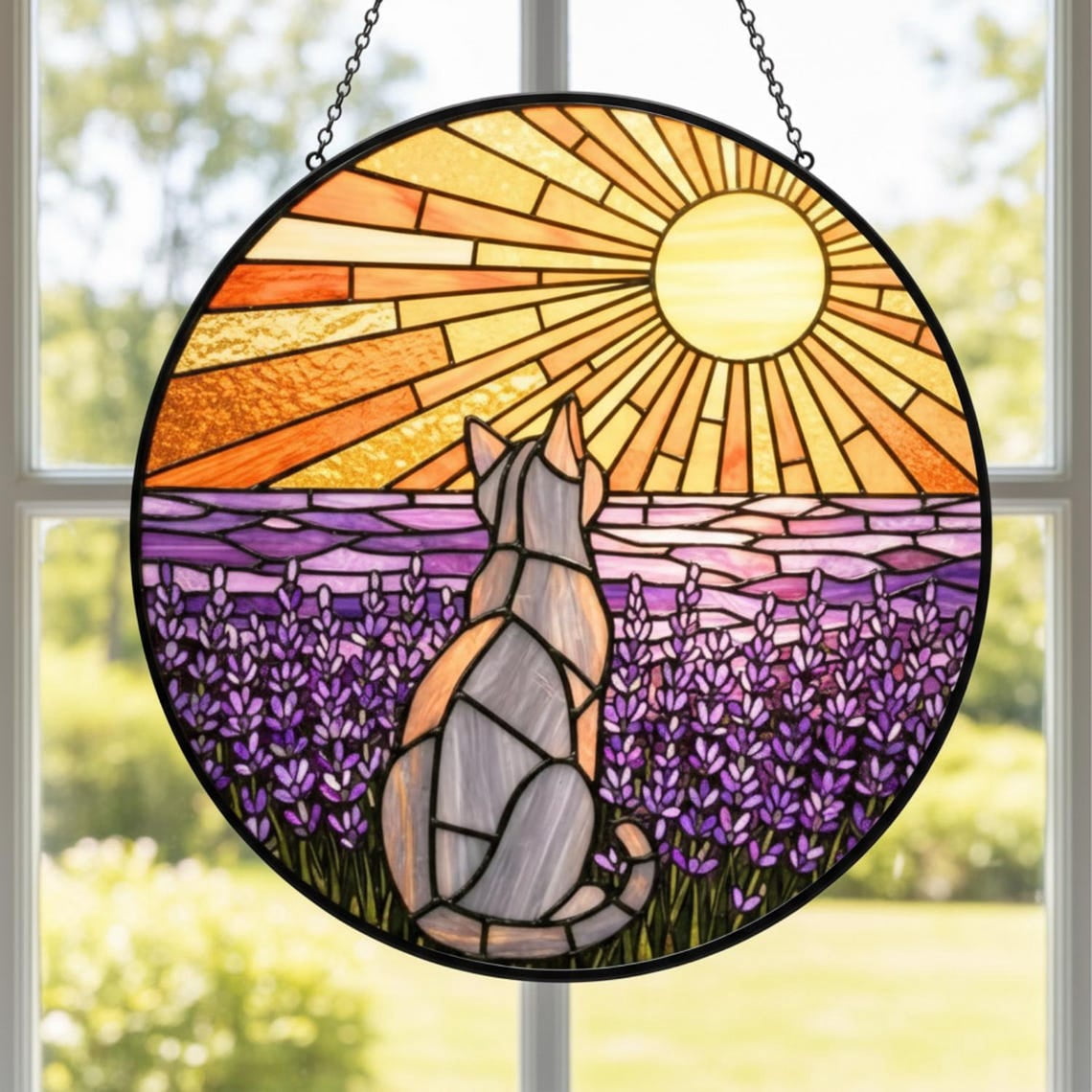 BLESSING DECOR Grey Cat Glass Suncatcher, Lavender Field Sunset, Purple ...