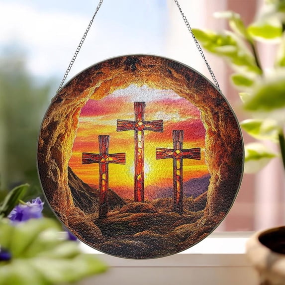 BLESSING DECOR He Is Risen Glass Suncatcher, Jesus Cross Window Hanging ...