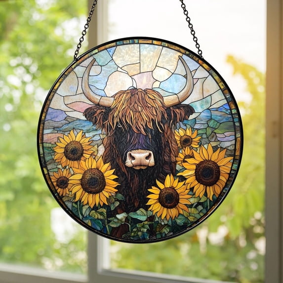 BLESSING DECOR Highland Cow Glass Suncatcher with Sunflowers, Rustic ...