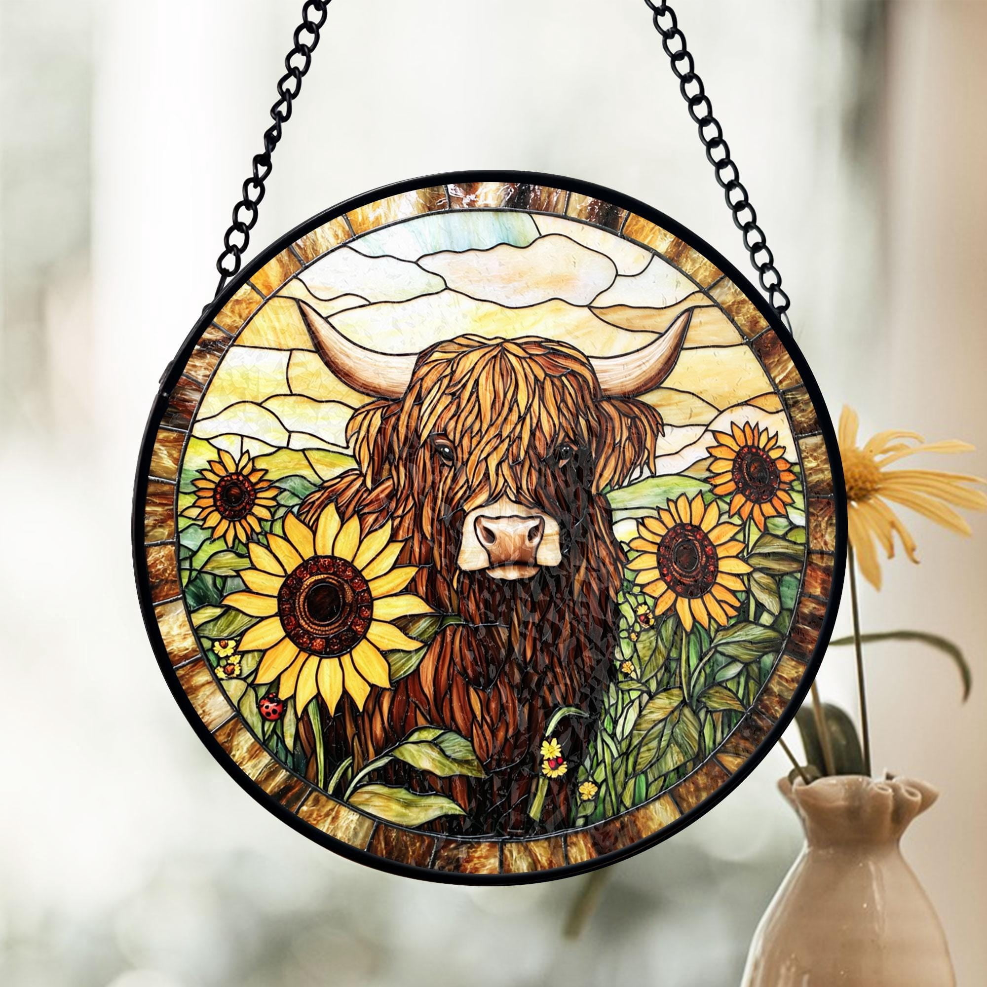 BLESSING DECOR Highland Cow Stained Glass Suncatcher, Sunflower Window ...