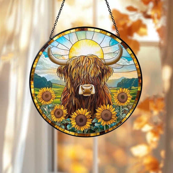 BLESSING DECOR Highland Cow Sunflowers Glass Suncatcher, Highland Cow ...