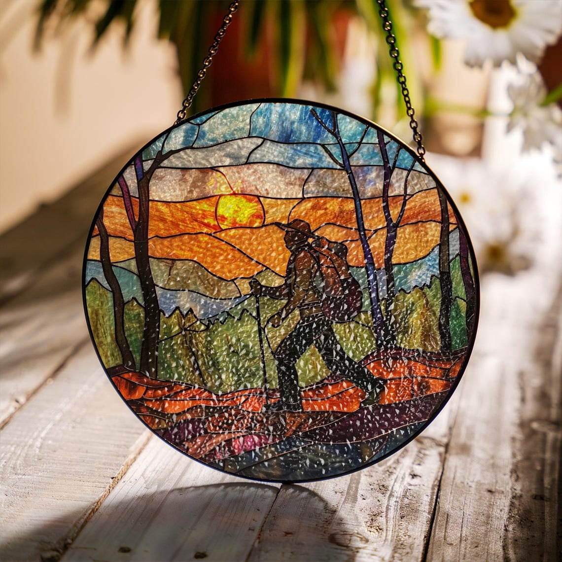 BLESSING DECOR Hiking Glass Suncatcher v2, Scenic Mountain Window Art ...